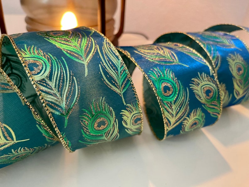 2.5 Peacock Gold Glitter Feather Pattern Teal Ribbon With - Etsy