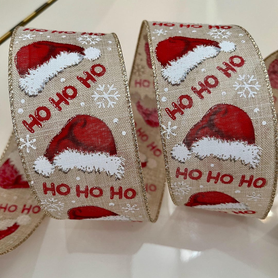2.5” Santa Hats & Snowflakes “ Ho Ho Ho “ Wired Ribbon: Red, Beige ...