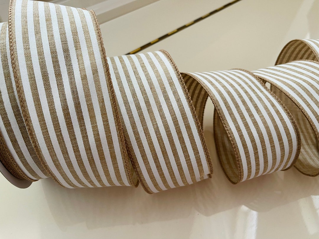 2.5 Beige & White Striped Wired Ribbon - Etsy