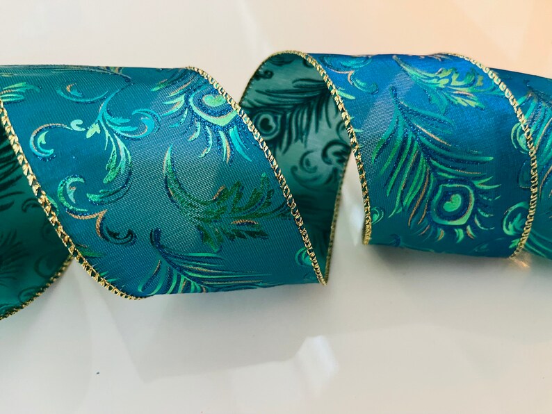 2.5 Peacock Feather Pattern Teal Sparkle Ribbon With Wired - Etsy