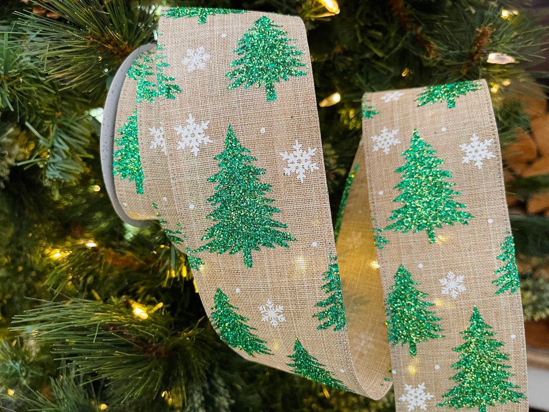 2.5” Green Glitter Trees and White Snowflakes Beige Wired Ribbon - Sold ...