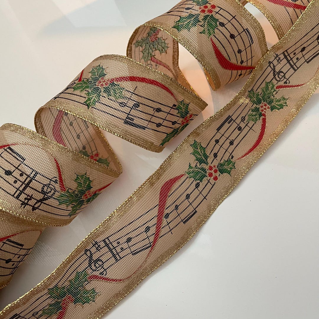 2.5” Christmas Holly Berry & Music Notes Wired Ribbon: Beige, Black ...