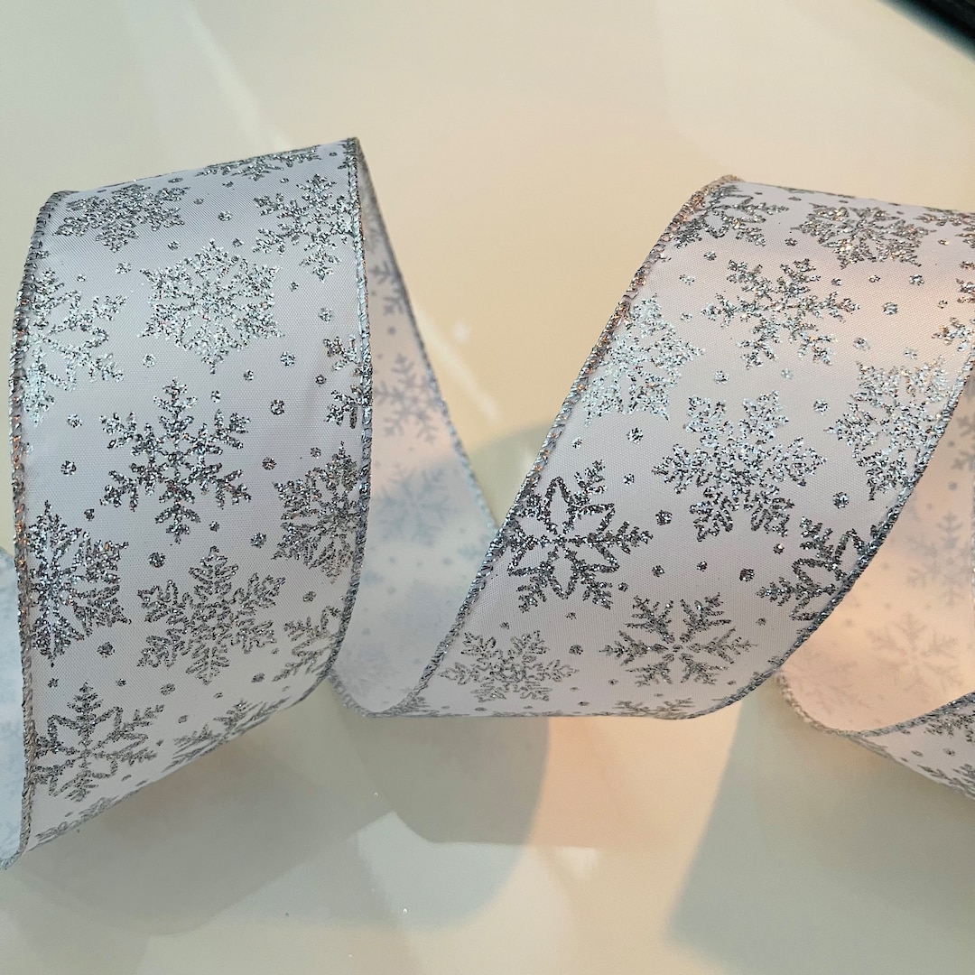 2.5” Silver & White Sparkly Snowflake Wired Ribbon #494 - Sold by the ...