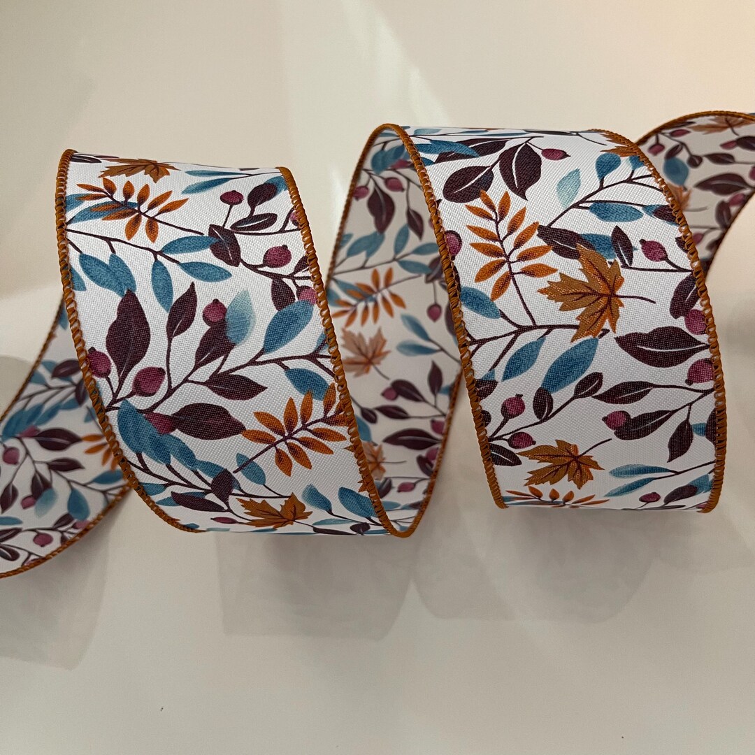 2.5” Fall Leaves Wired Ribbon: Blue, Plum, Orange, White - Sold by the ...