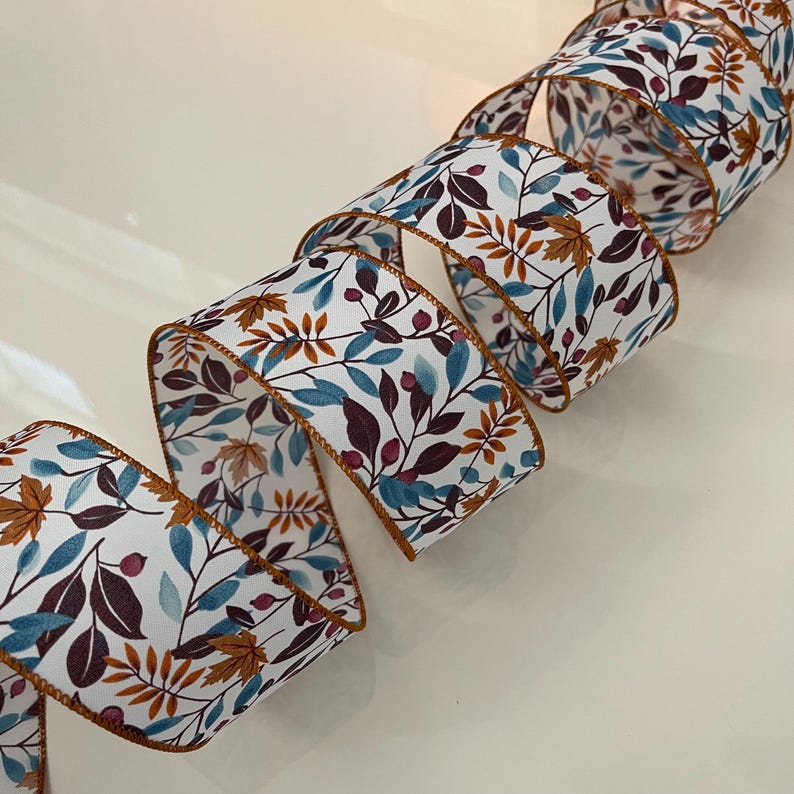 2.5” Fall Leaves Wired Ribbon: Blue, Plum, Orange, White - Sold by the ...