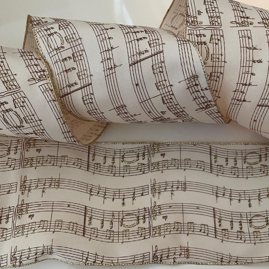 5” Music Note Wired Ribbon: Cream, Brown, Gold Glitter - Sold by the ...