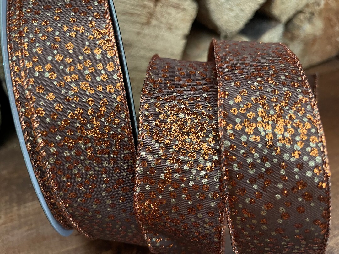 1.5” Brown & Rusty Orange Sparkle Dot Wired Ribbon - Sold by the Yard ...
