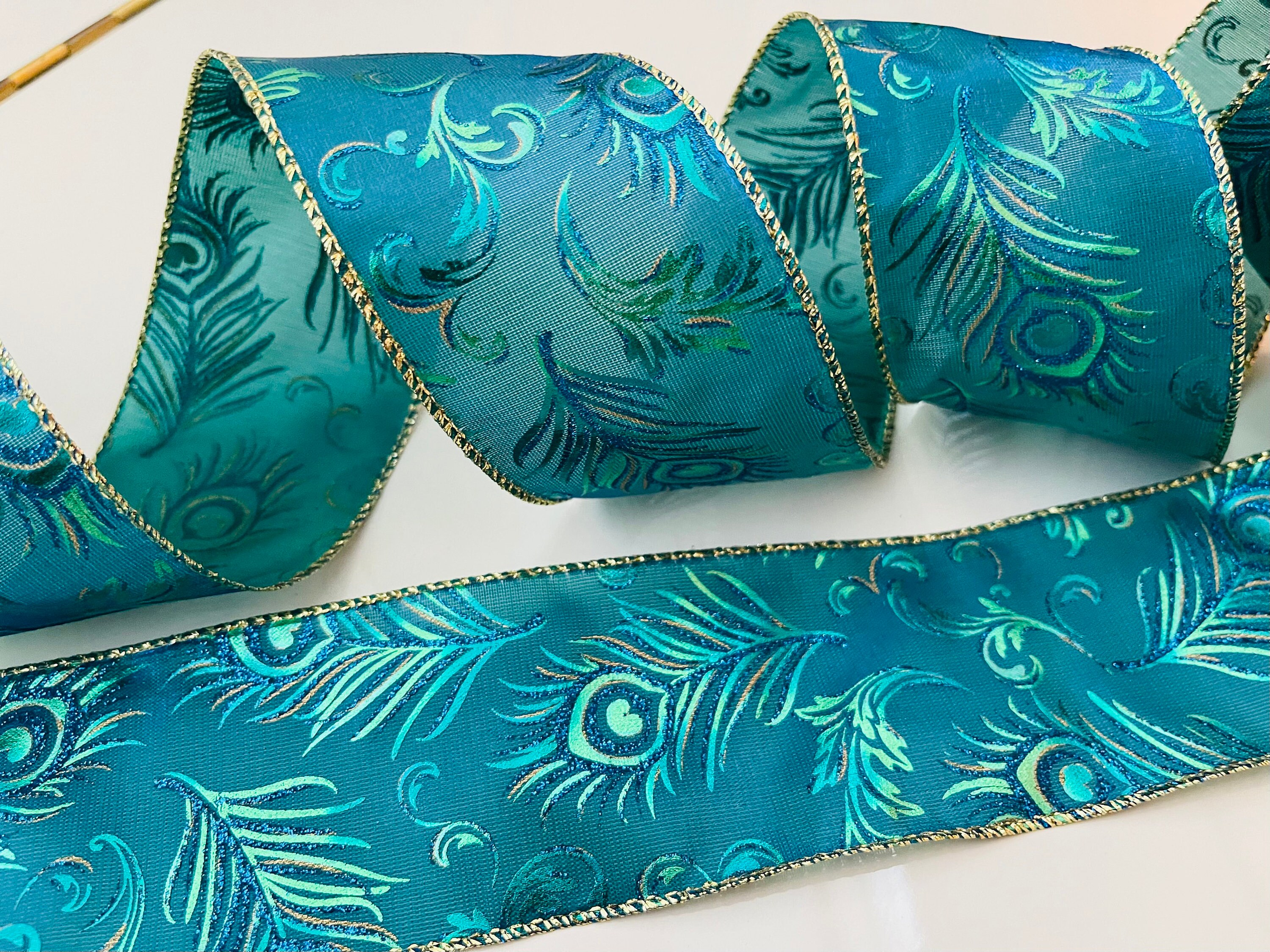 2.5 Peacock Feather Pattern Teal Sparkle Ribbon With Wired - Etsy