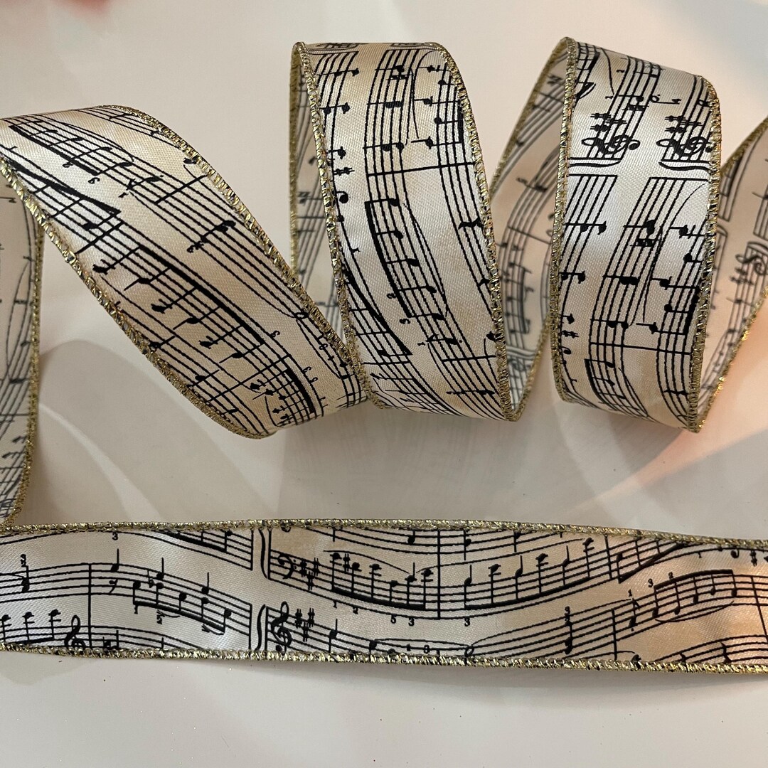 1.5” Vintage Bronze & Cream Colored Musical Notes Wired Ribbon #473 ...