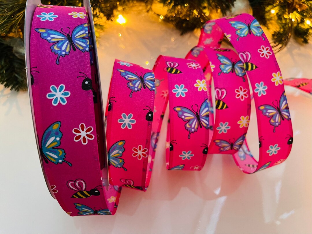 1.5” Pink Wired Ribbon: Bumble Bees & Butterflies - Sold by the Yard - Etsy