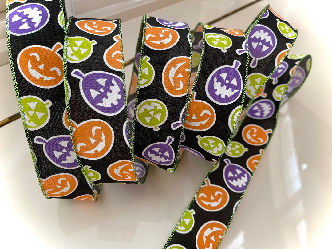 1.5” Colorful Happy Pumpkins Halloween Wired Ribbon: Black, Orange ...