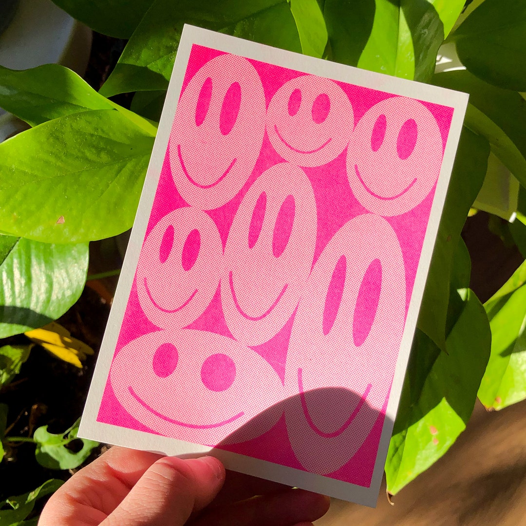 Risograph Postcard of a Smiley Composition (fluor Pink) - Etsy