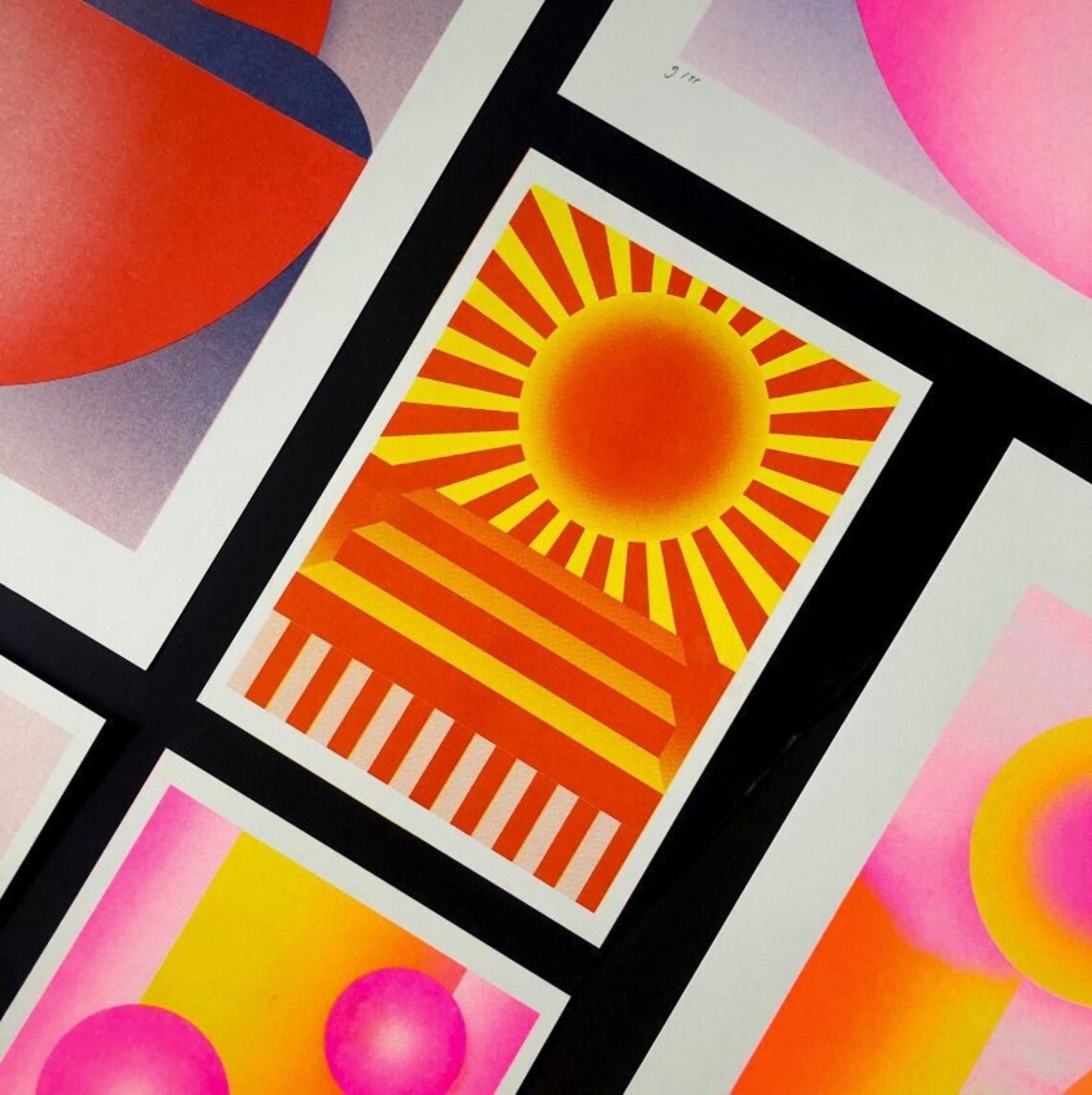 Small Risograph Card of a Red Geometric Sunset - Etsy