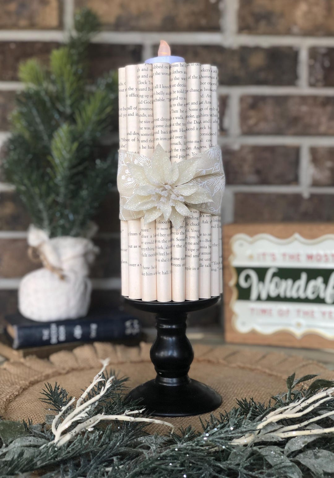 Christmas BOOK ART Candle, Upcycled Books, Book Lover, Librarian ...