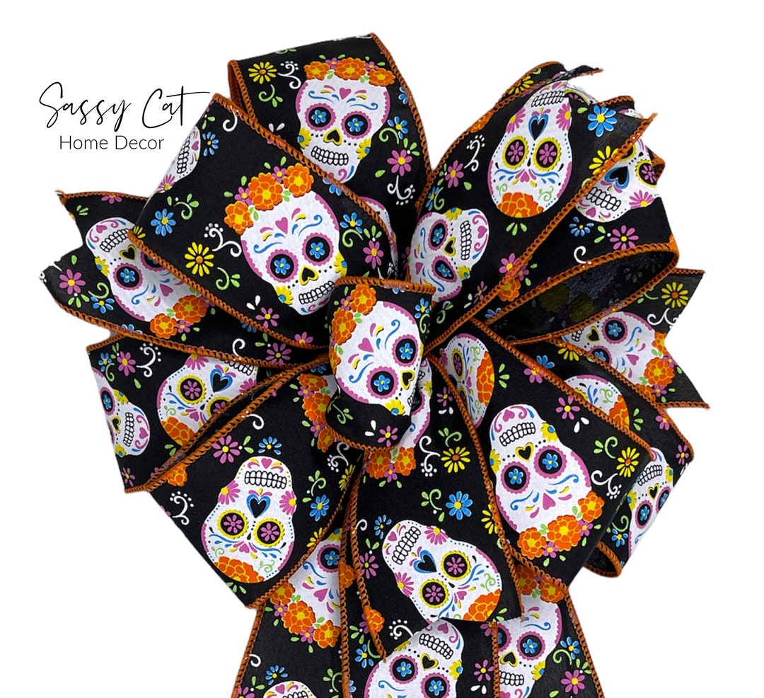 Halloween Wreath Bow Sugar Skulls Bow Halloween Decor Day - Etsy