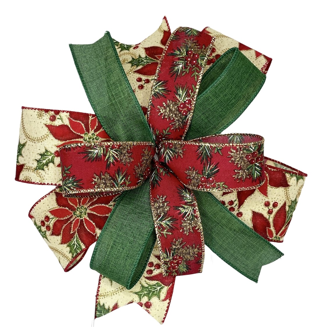 10" Decorative Christmas Bow Holly Berries & Poinsettias Gift Bow ...