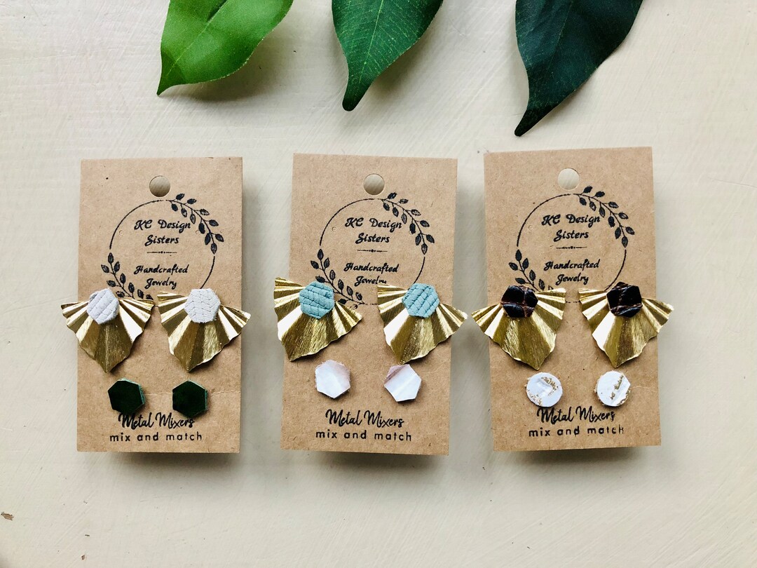 METAL MIXERS Large Fan Set of 2 Pairs of Earrings Genuine Leather, Cork ...