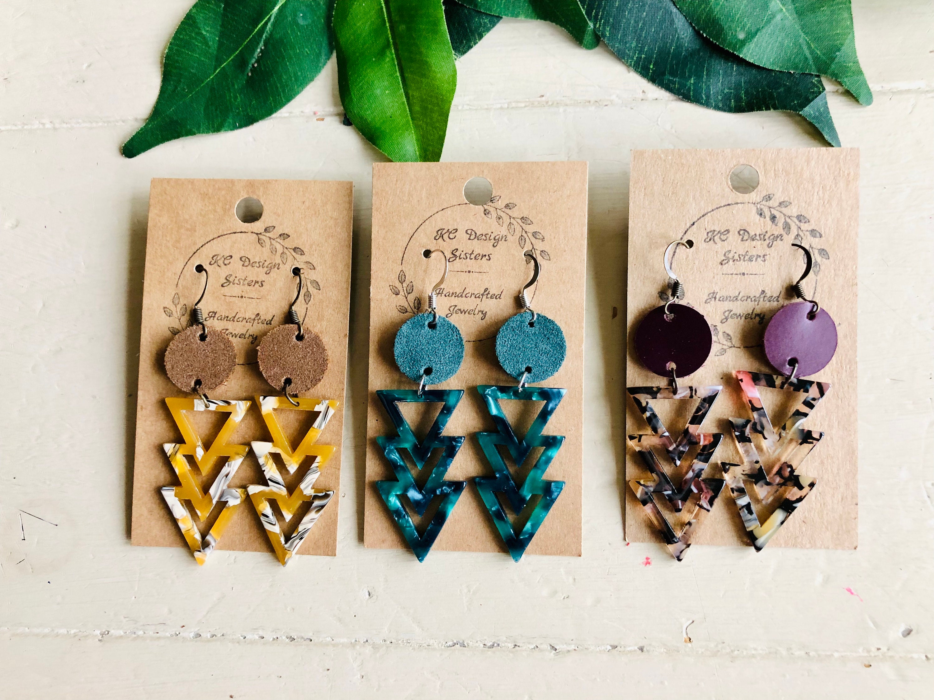 Acrylic Triple Arrow With Small Leather Circle - Leather Earrings ...