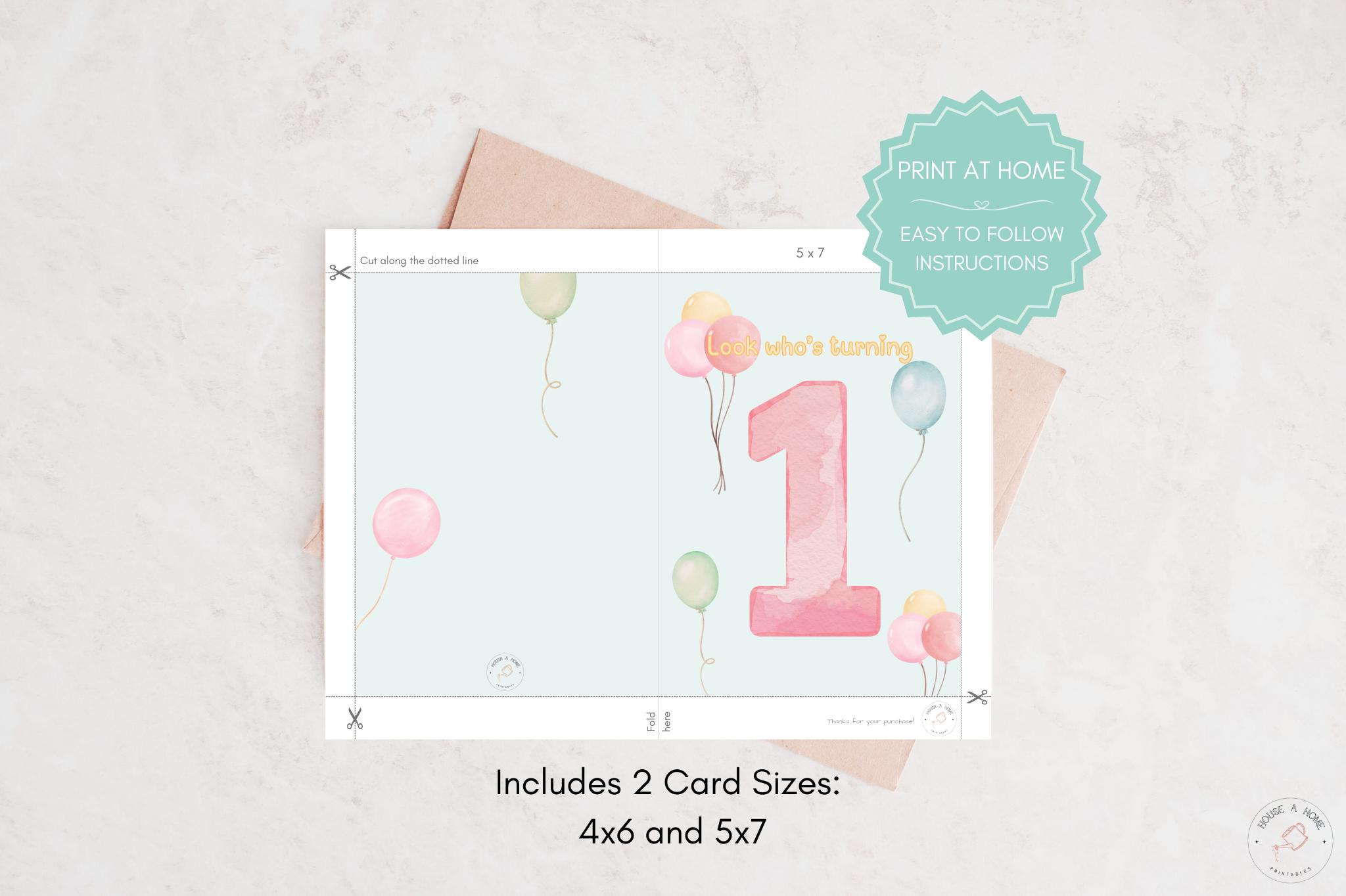Printable 1st Birthday Card - "look Who's Turning 1" Sweet Birthday ...
