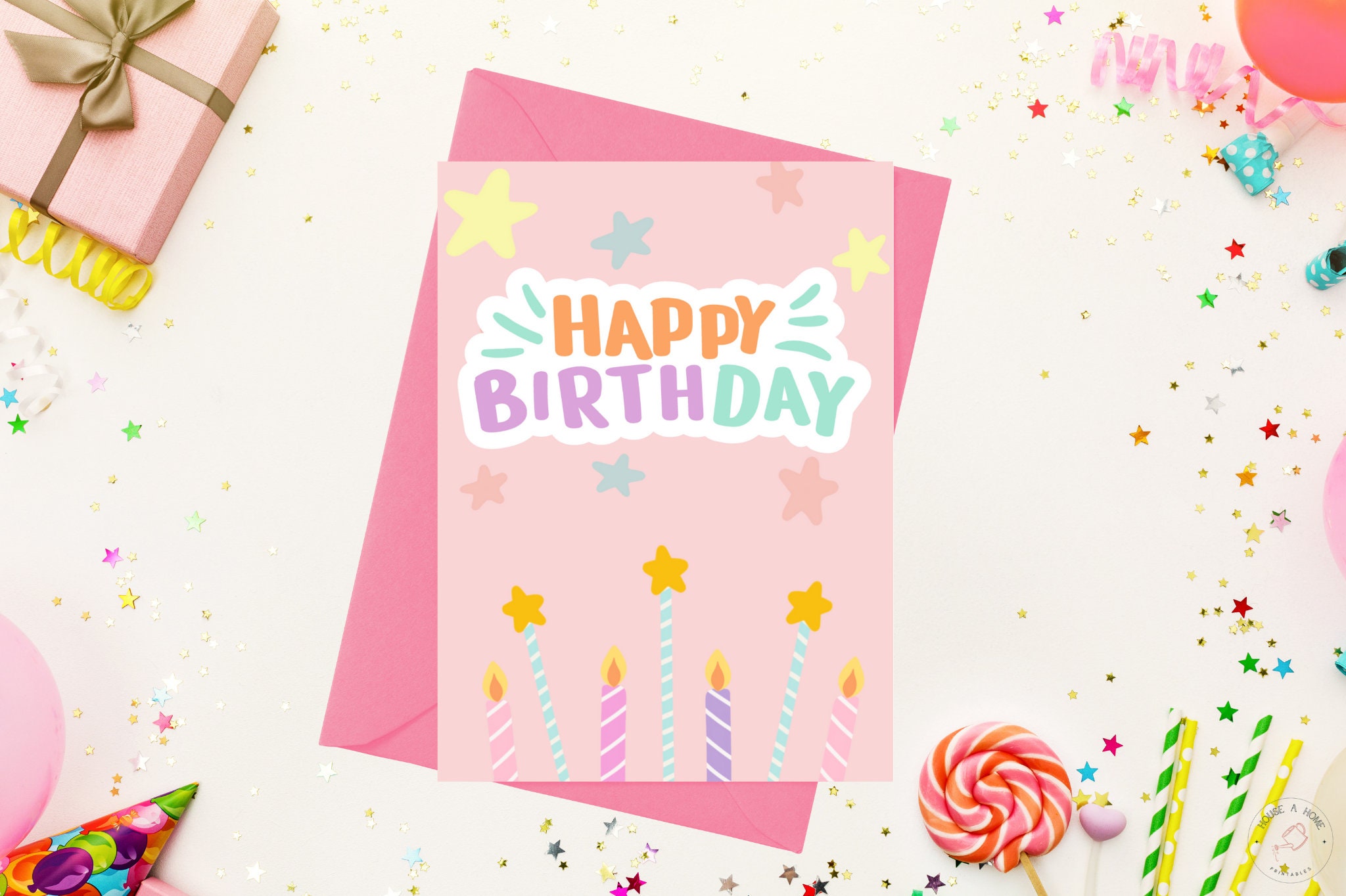 Printable Happy Birthday Card, Pink Pastel Cute Kids Birthday Card With ...