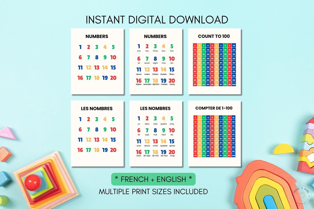 Printable Bilingual Numbers 1-20 & Count to 100 Educational Wall Art ...