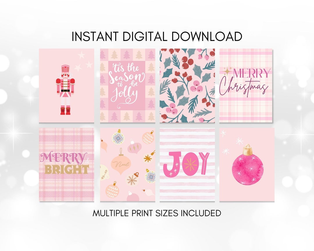 Set of 8 Printable Christmas Posters in Pink, DIY Holiday Home ...