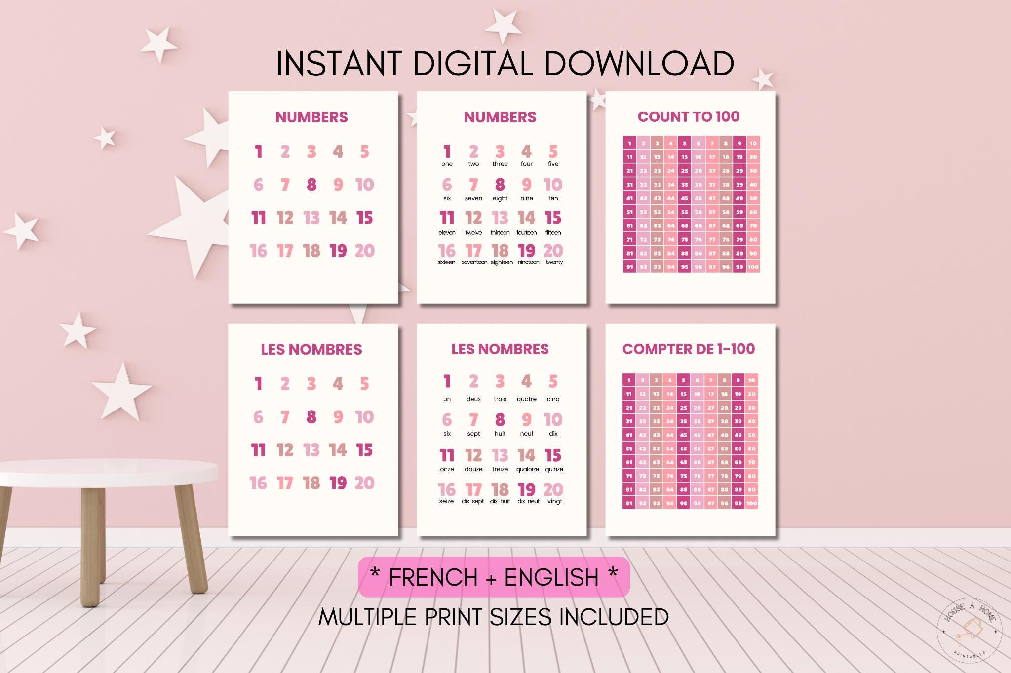 Printable Bilingual Numbers 1-20 & Count to 100 Educational Wall Art ...