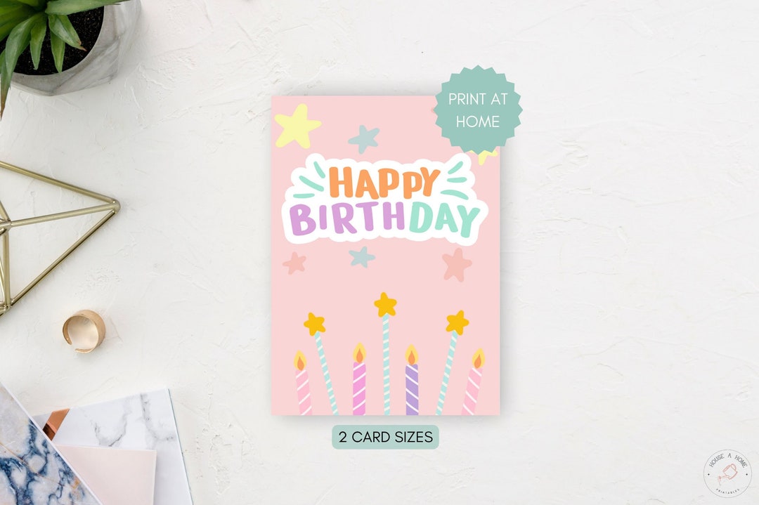 Printable Happy Birthday Card, Pink Pastel Cute Kids Birthday Card With ...