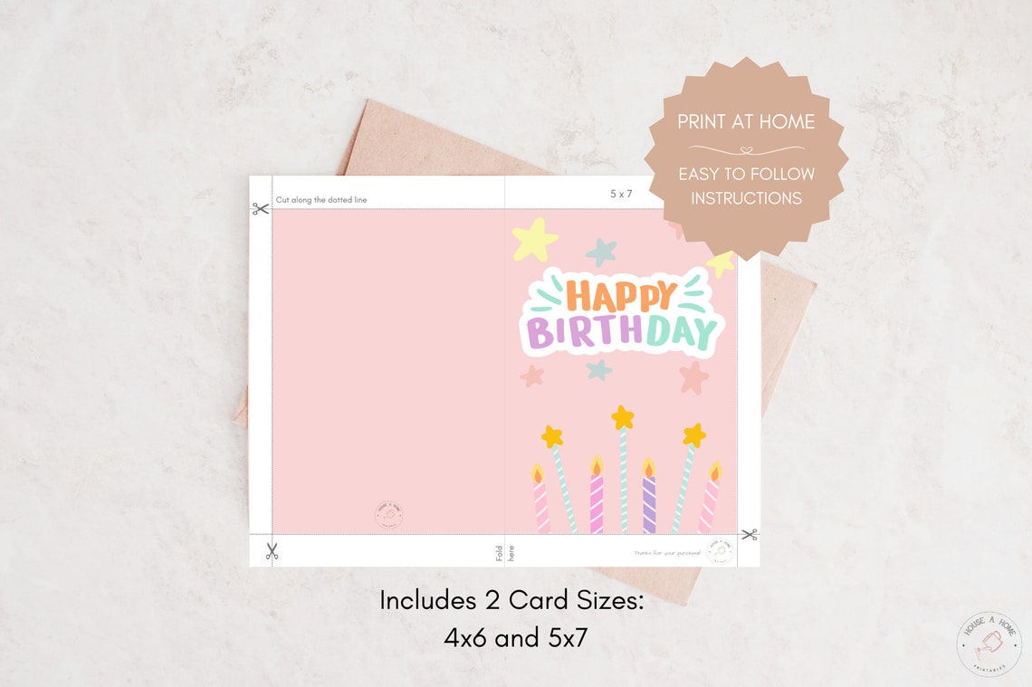 Printable Happy Birthday Card, Pink Pastel Cute Kids Birthday Card With ...