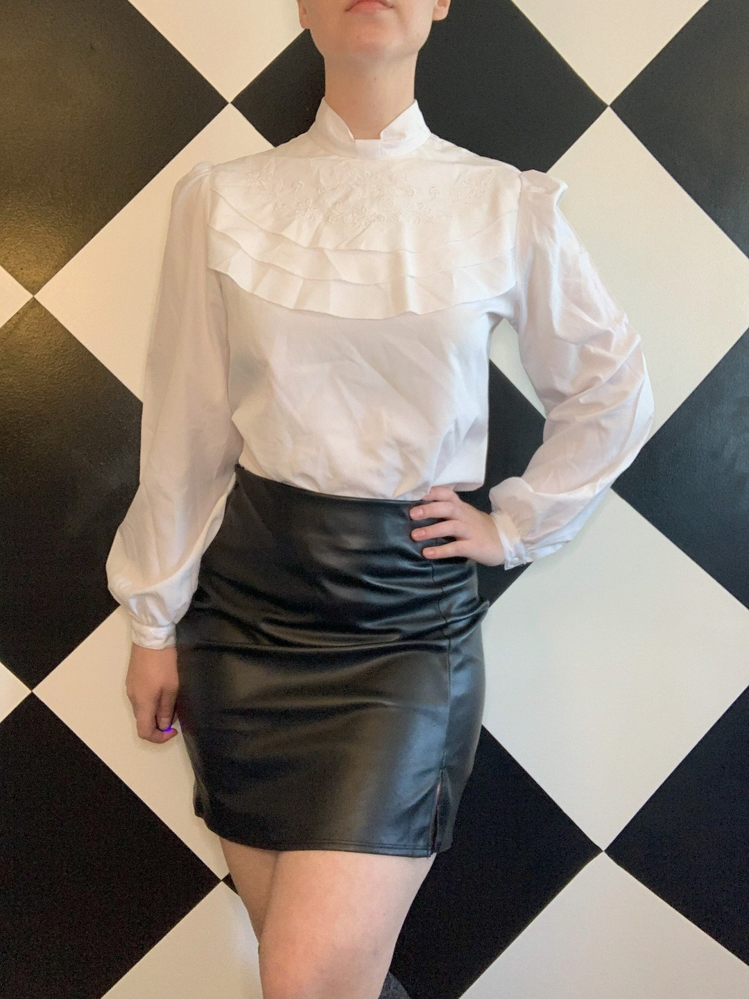 Vintage 1980s Bib Style Ruffle Neck White Button Down Edwardian Style ...