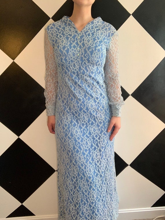 Vintage 1970s Blue Lace Victorian Style Floor Length … - Gem