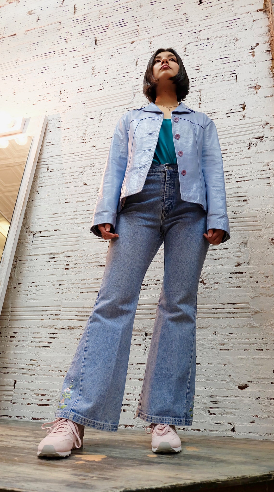 Amazing 1990s Embrodered Flared Bellbottoms, Floral Embroidery Light ...