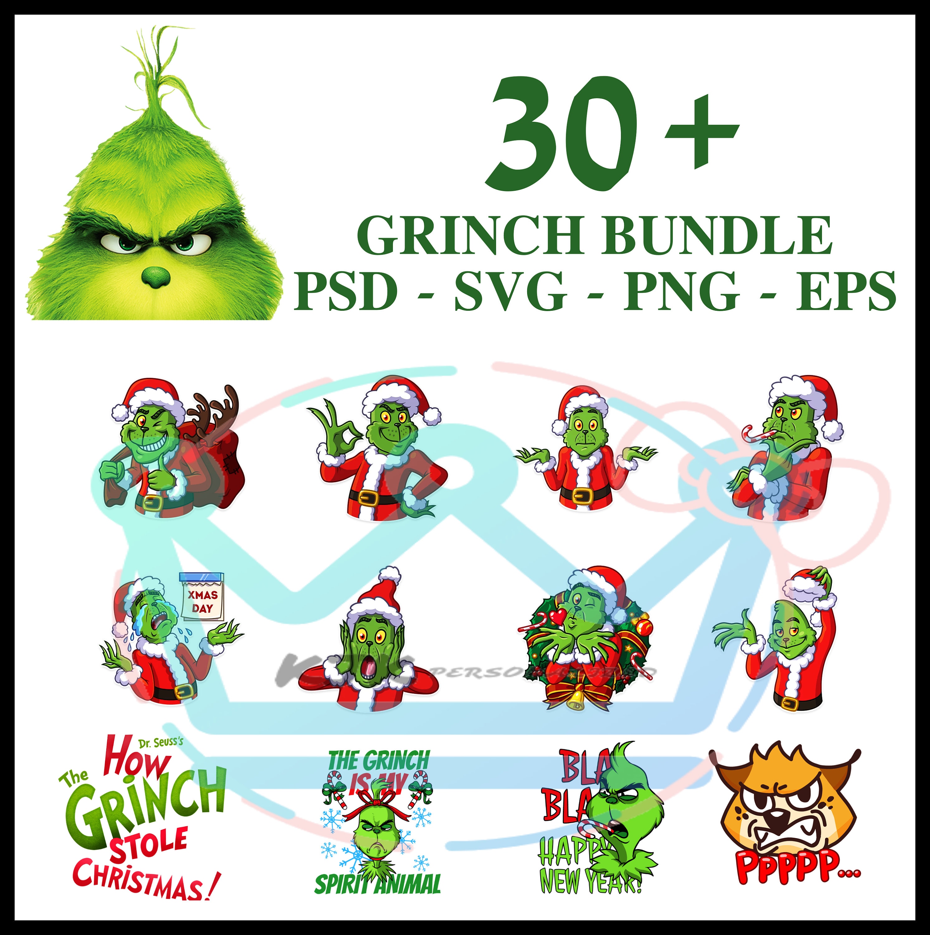 Grinch 30 Christmas Bundle Svg, Eps, Png, Psd Instant Download, SVG for ...