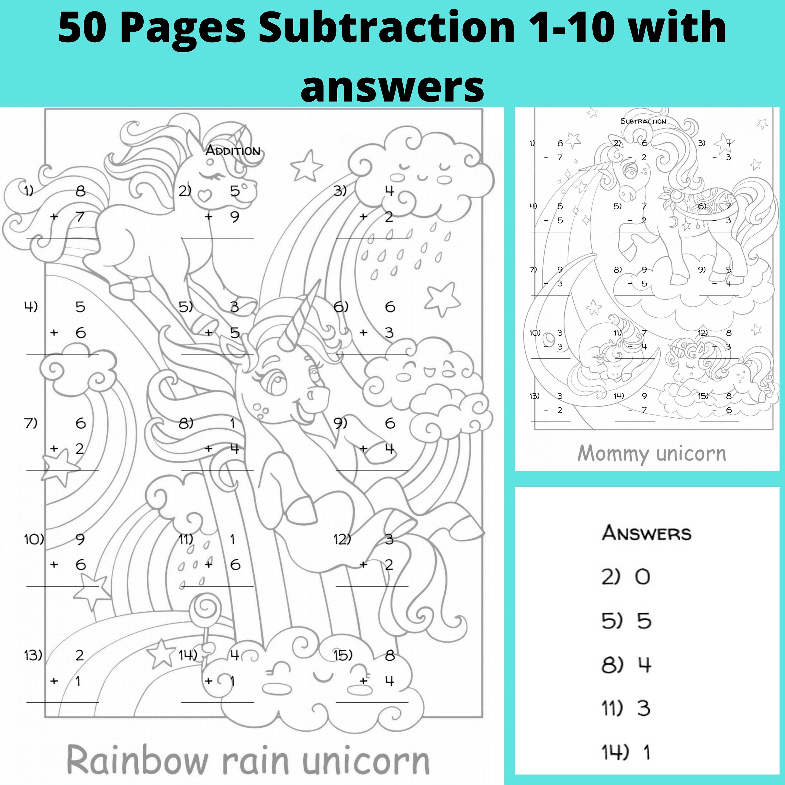 Unicorn Printable Math, 30 Printable Addition Subtraction Worksheets ...