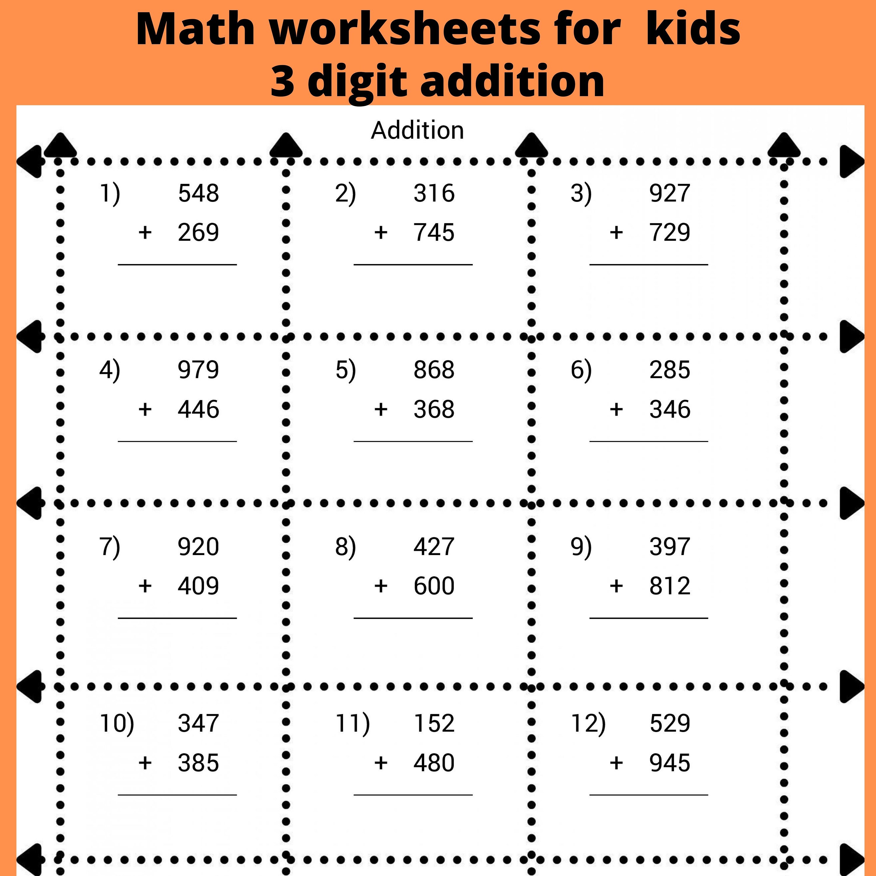 Math Worksheets for Kids, Addition Kids Math Learning 3 Digit ...
