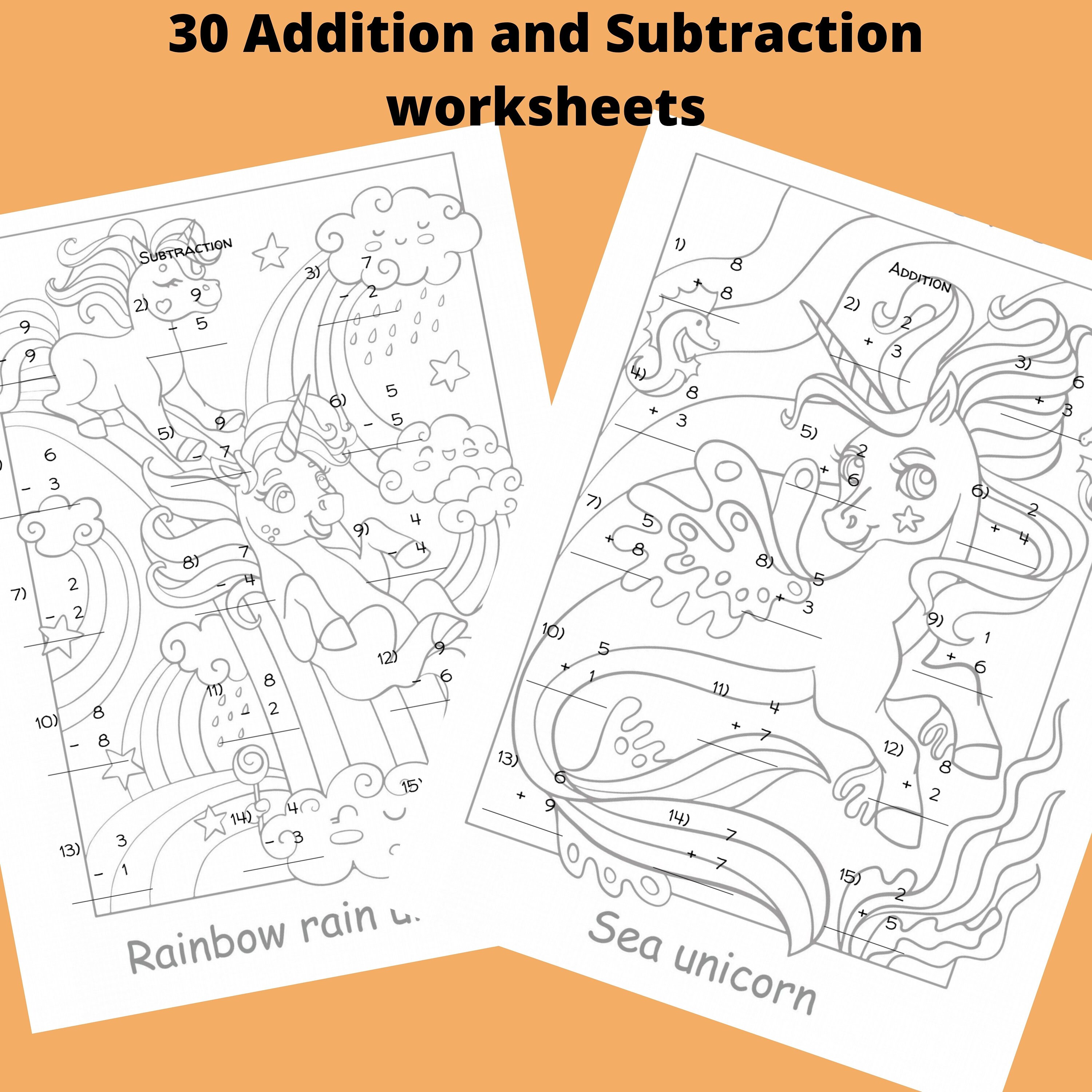Unicorn Printable Math, 30 Printable Addition Subtraction Worksheets ...