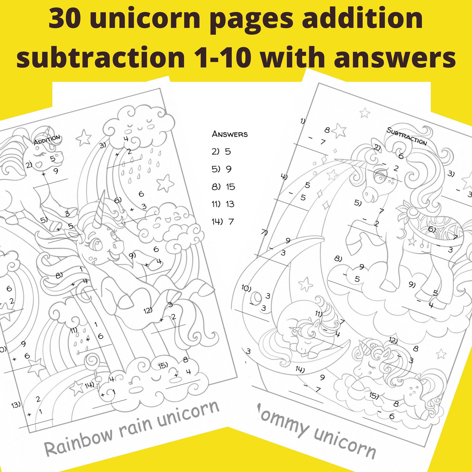 Unicorn Printable Math, 30 Printable Addition Subtraction Worksheets ...