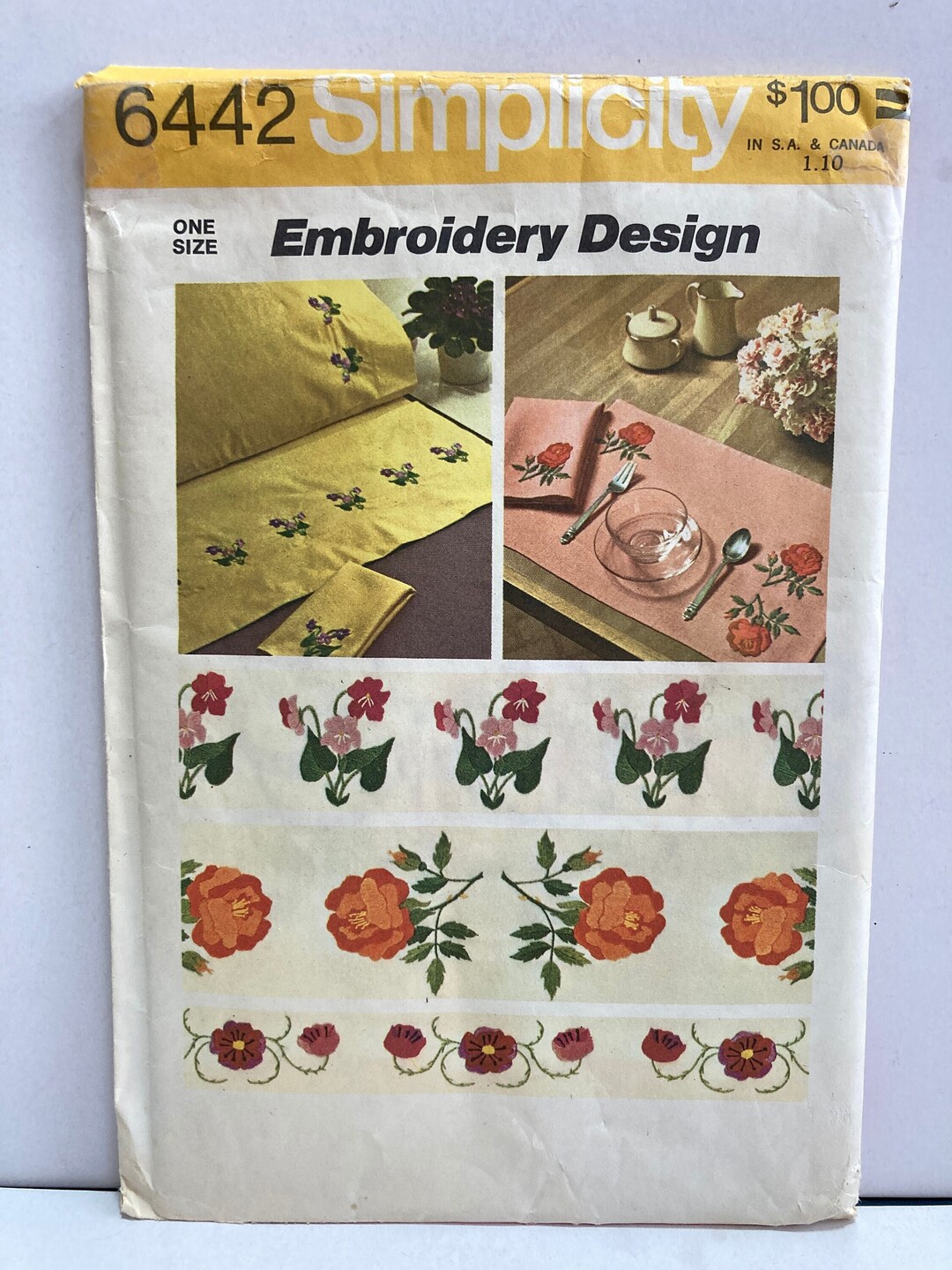 Simplicity UNCUT Pattern 6442 for Embroidery Transfers in Three Floral ...