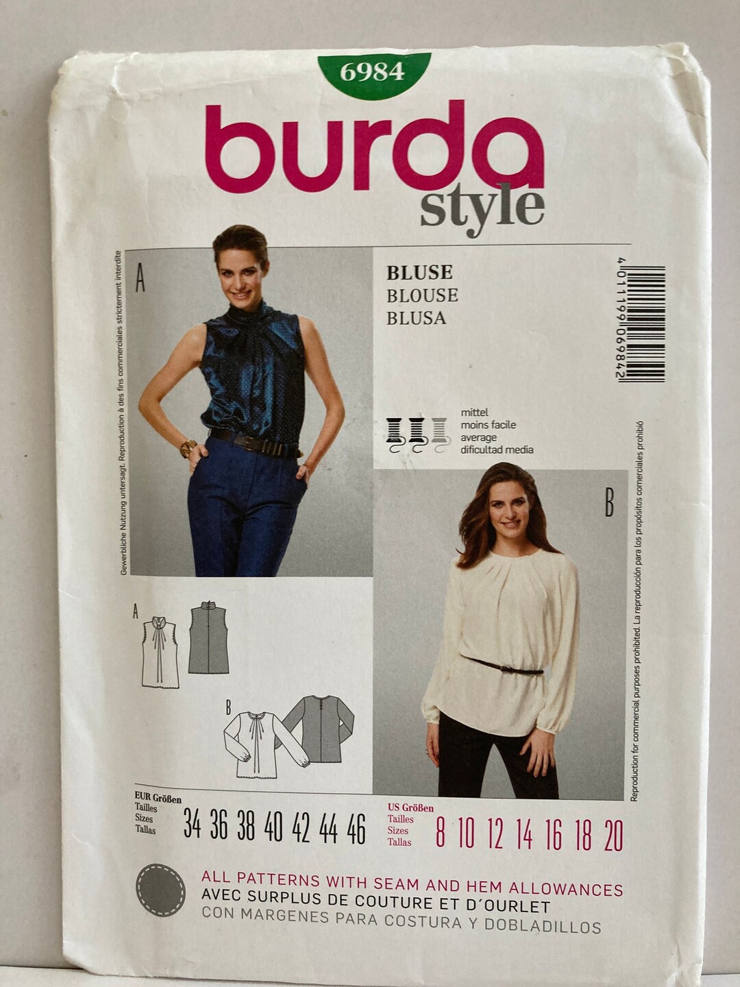 Burda UNCUT Pattern 6984 for Misses Blouse in Sizes 820, C. 2013 - Etsy