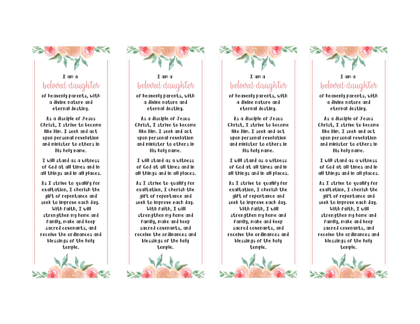 LDS Young Women Theme Bookmarks - Printable | Updated Theme - Etsy
