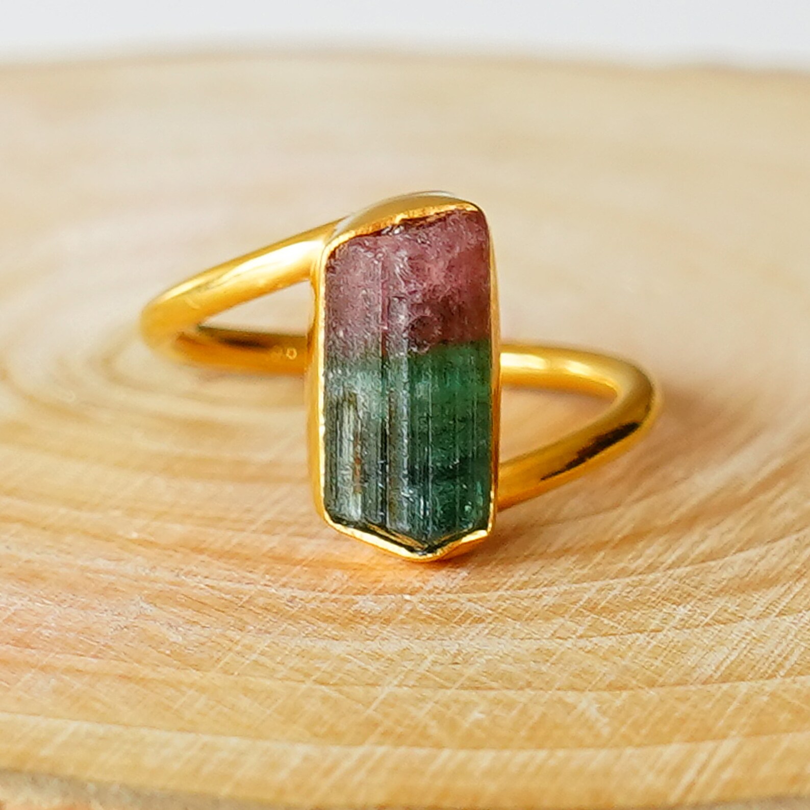 Raw Watermelon Tourmaline Ring, 14K Gold Overlay Silver Jewelry, Red ...