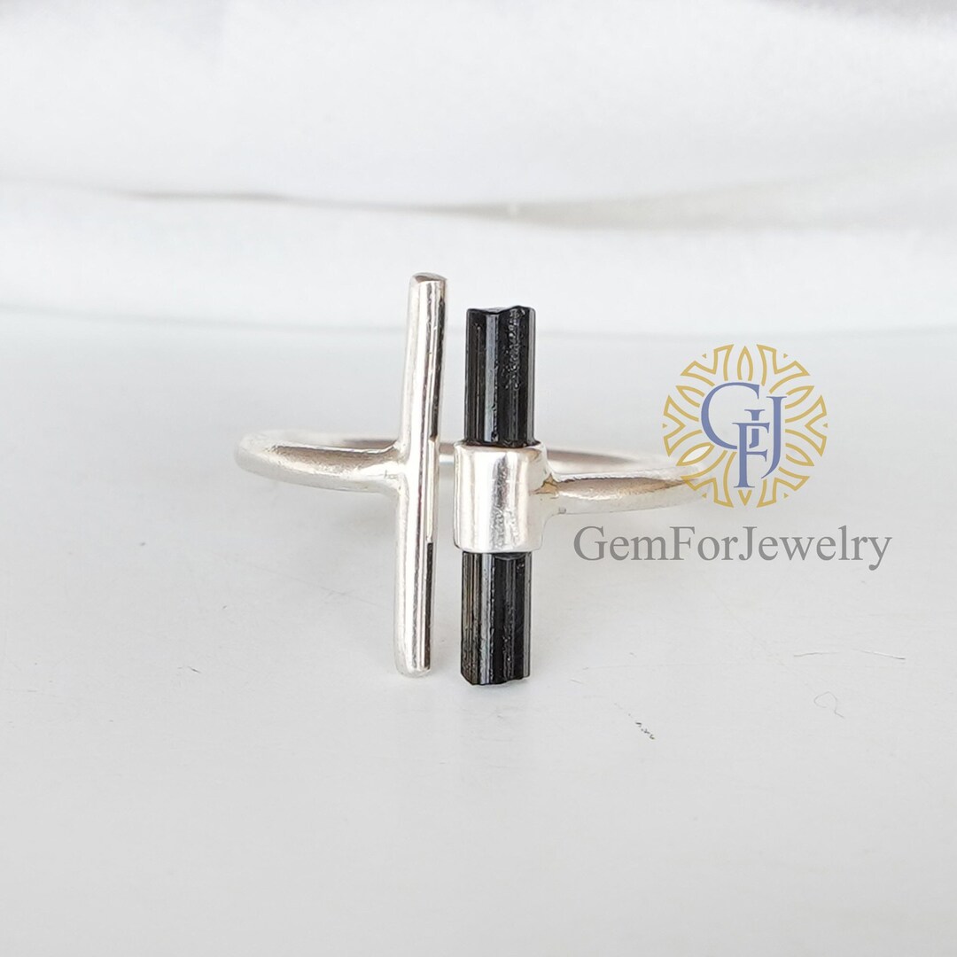 Raw Black Tourmaline Ring, Adjustable Silver Stick Ring, October Birthstone Jewelry, Tourmaline ...