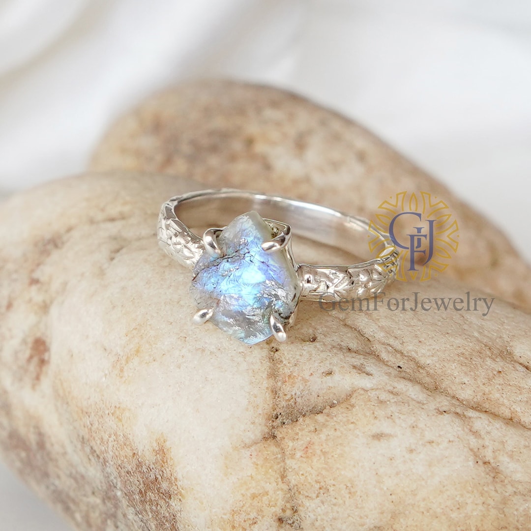 Raw Moonstone Floral Band Ring, Texture Band, Blue Moonstone Crystal ...