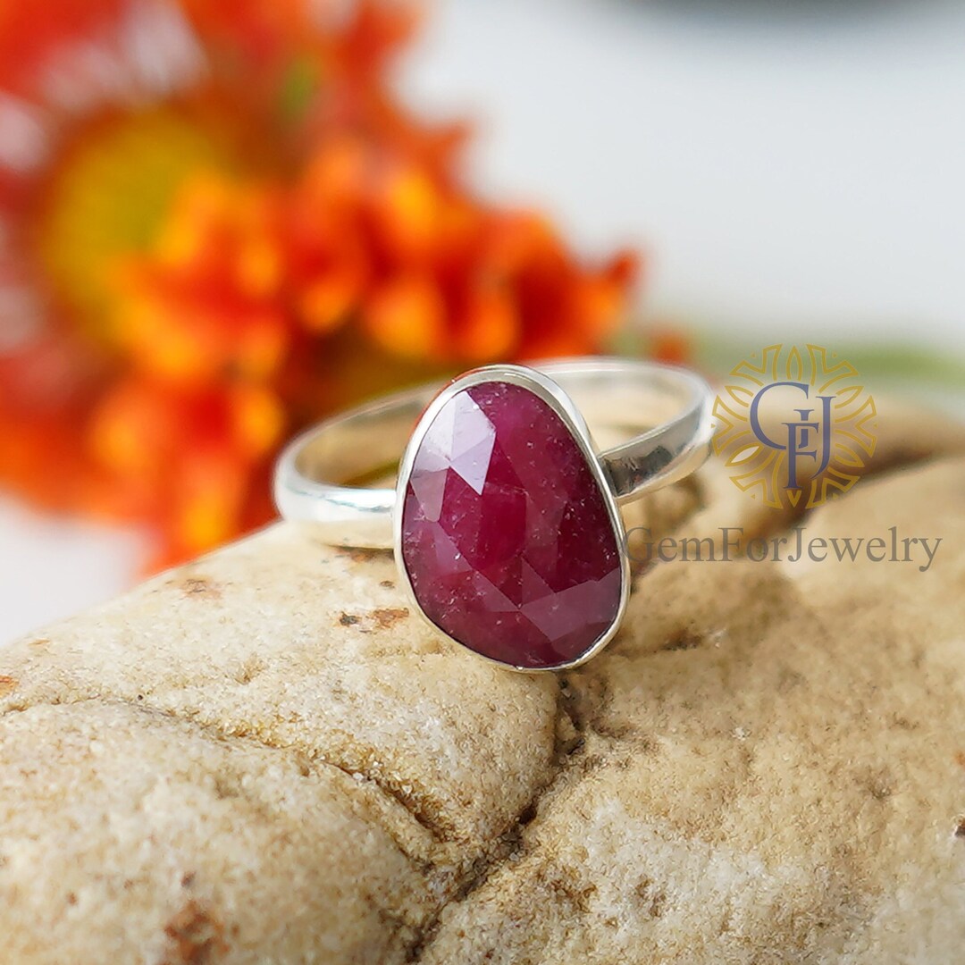 Ruby Rose Cut Cabochon Ring, July Birthstone Ring, Faceted Ruby Ring ...