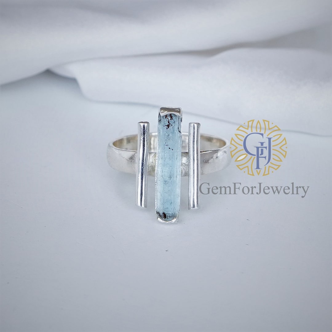 Raw Aquamarine Bar Ring, Silver Multi Bars Ring, Aquamarine Pencil Ring ...