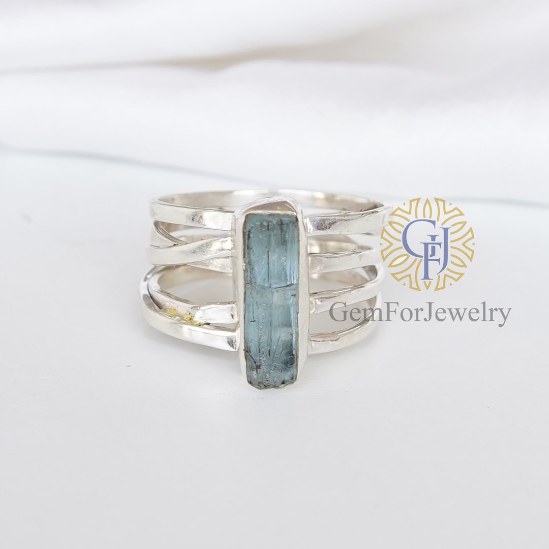 Raw Aquamarine Ring, Spiral Stick Ring, Aquamarine Pencil Ring, Twisted Band Ring, March ...