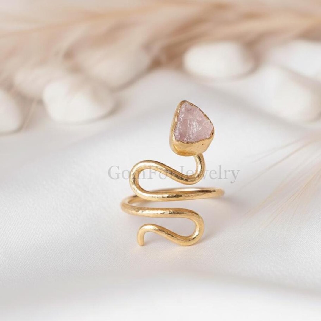 Rose Quartz Snake Ring, 14k Gold Ring, 925 Sterling Silver, Adjustable ...