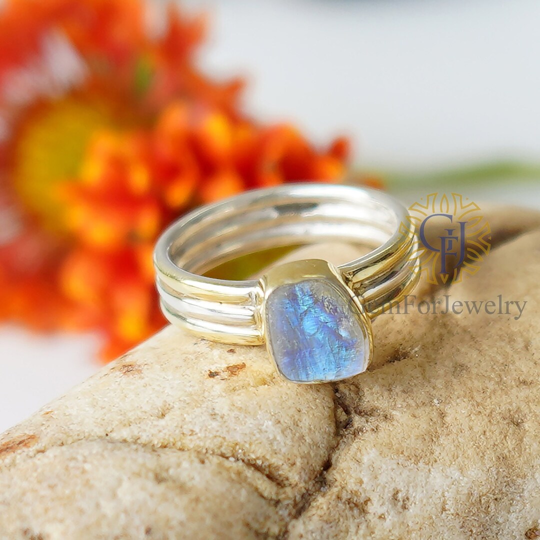 Blue Moonstone Ring, 3 Bands Ring, Gold and Silver Band Ring, Raw ...