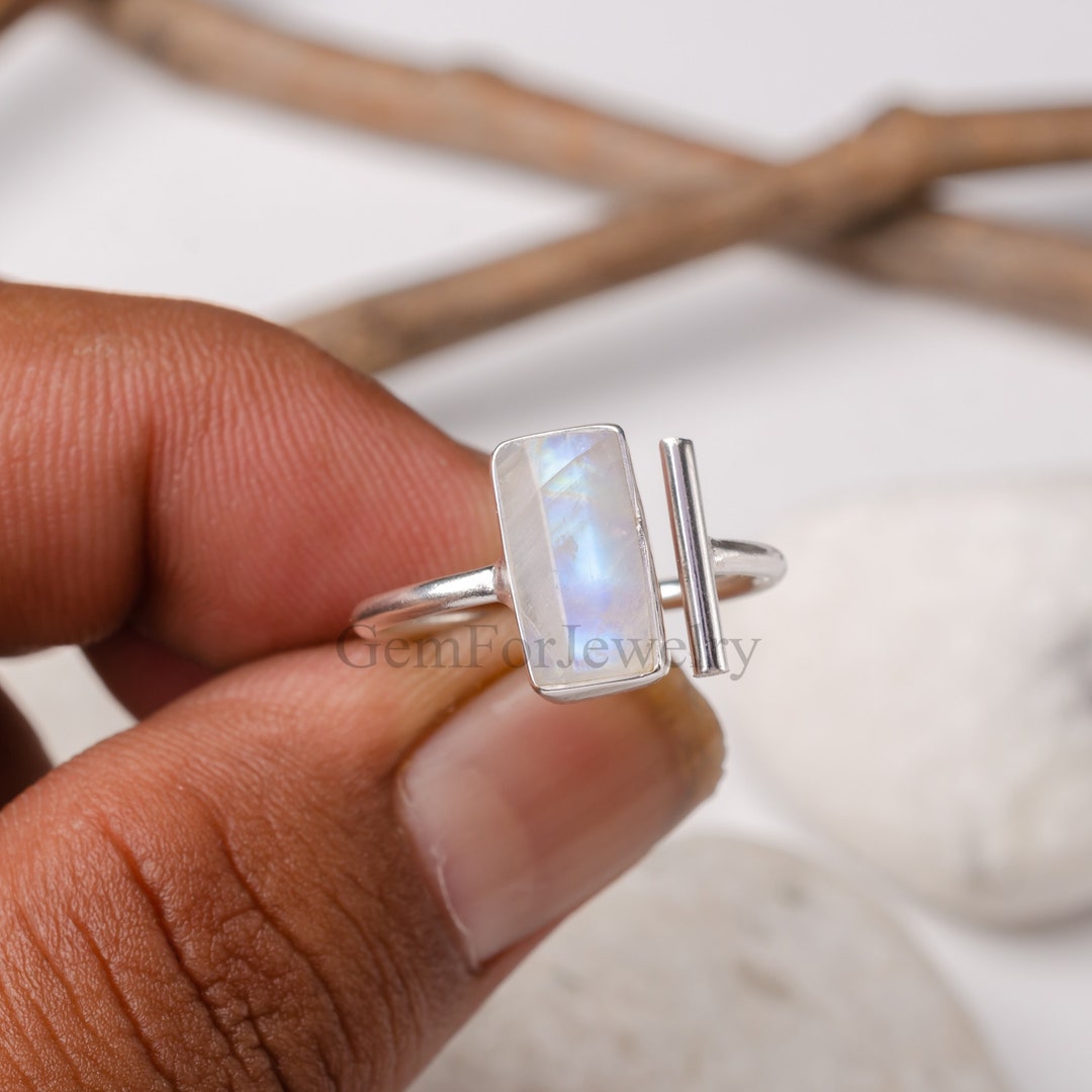 Rainbow Moonstone Ring, Multi Silver Bar Ring, Adjustable Band Ring ...