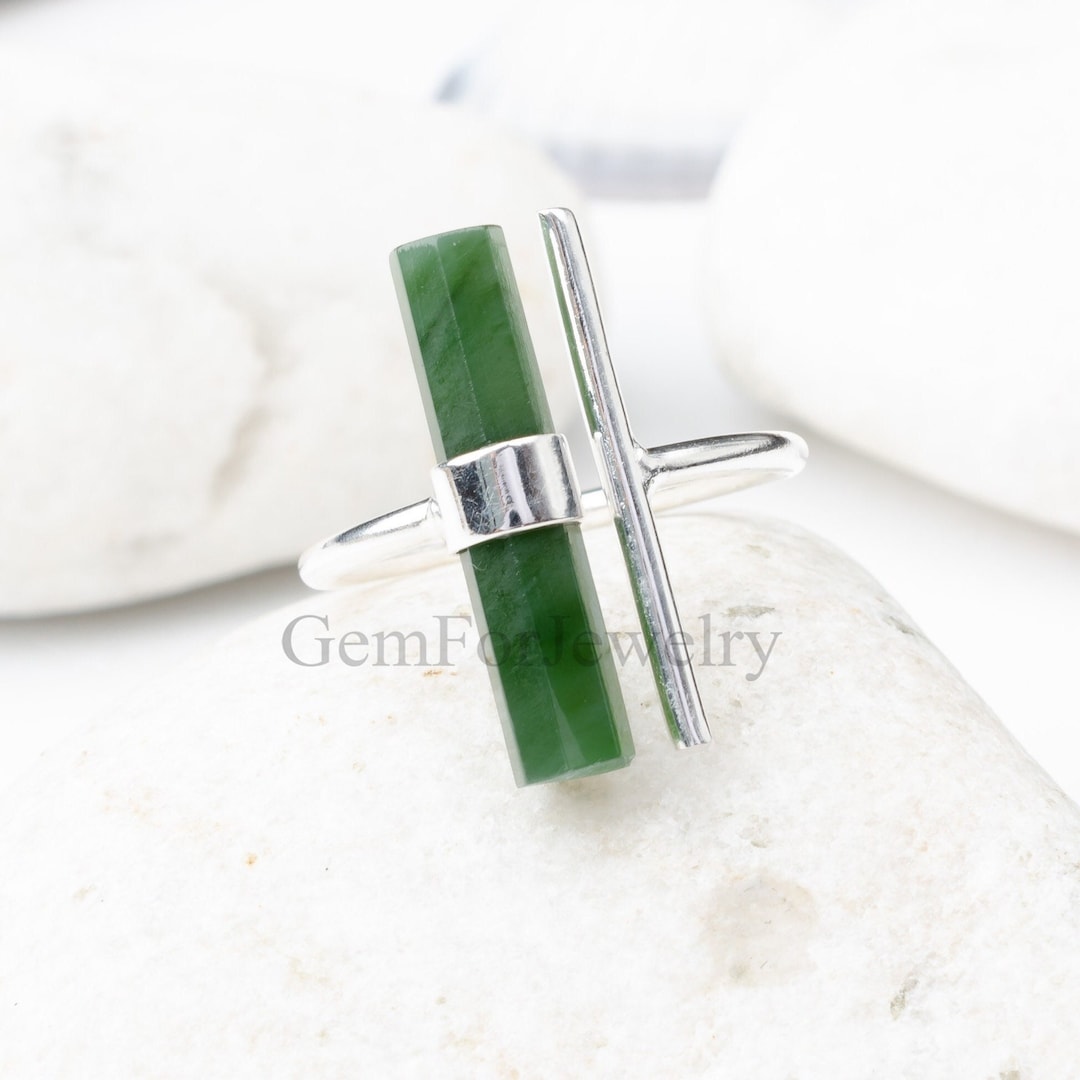 Raw Green Jade Ring, Long Bar Adjustable Ring, Jade Gemstone Ring, Raw ...